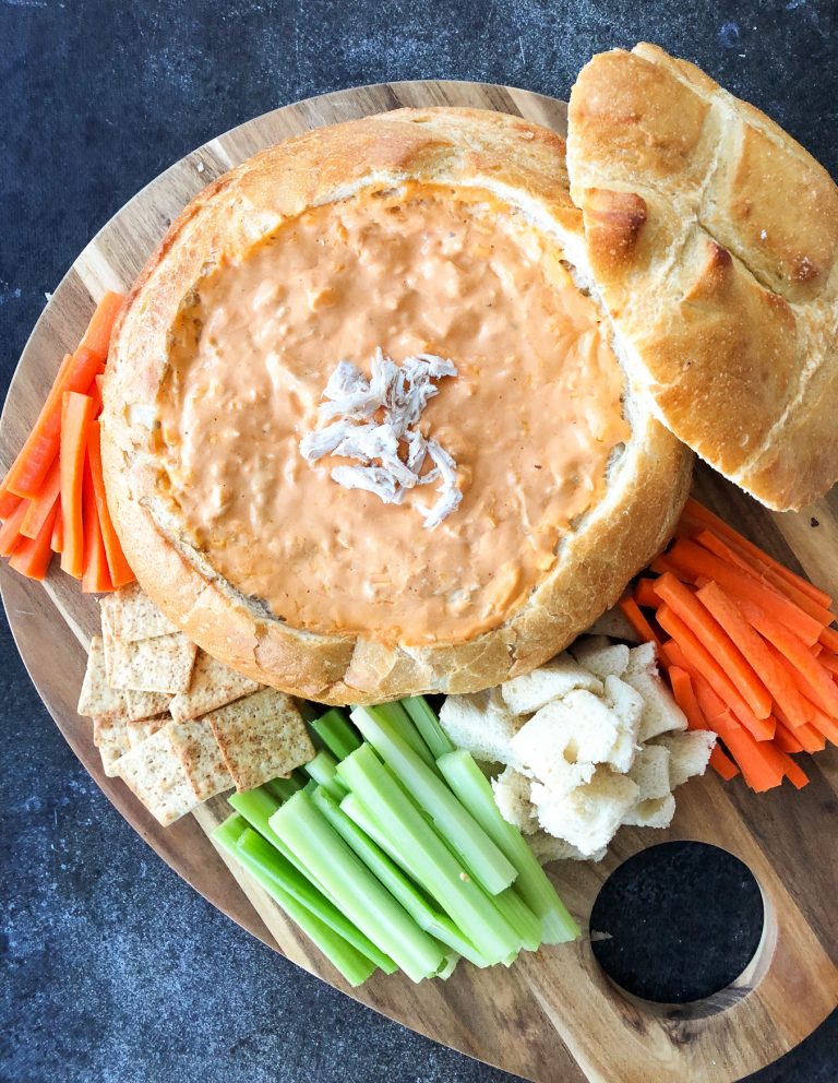 Hot Buffalo Turkey Dip Baked in a Bread Bowl - A Pretty Life In The Suburbs